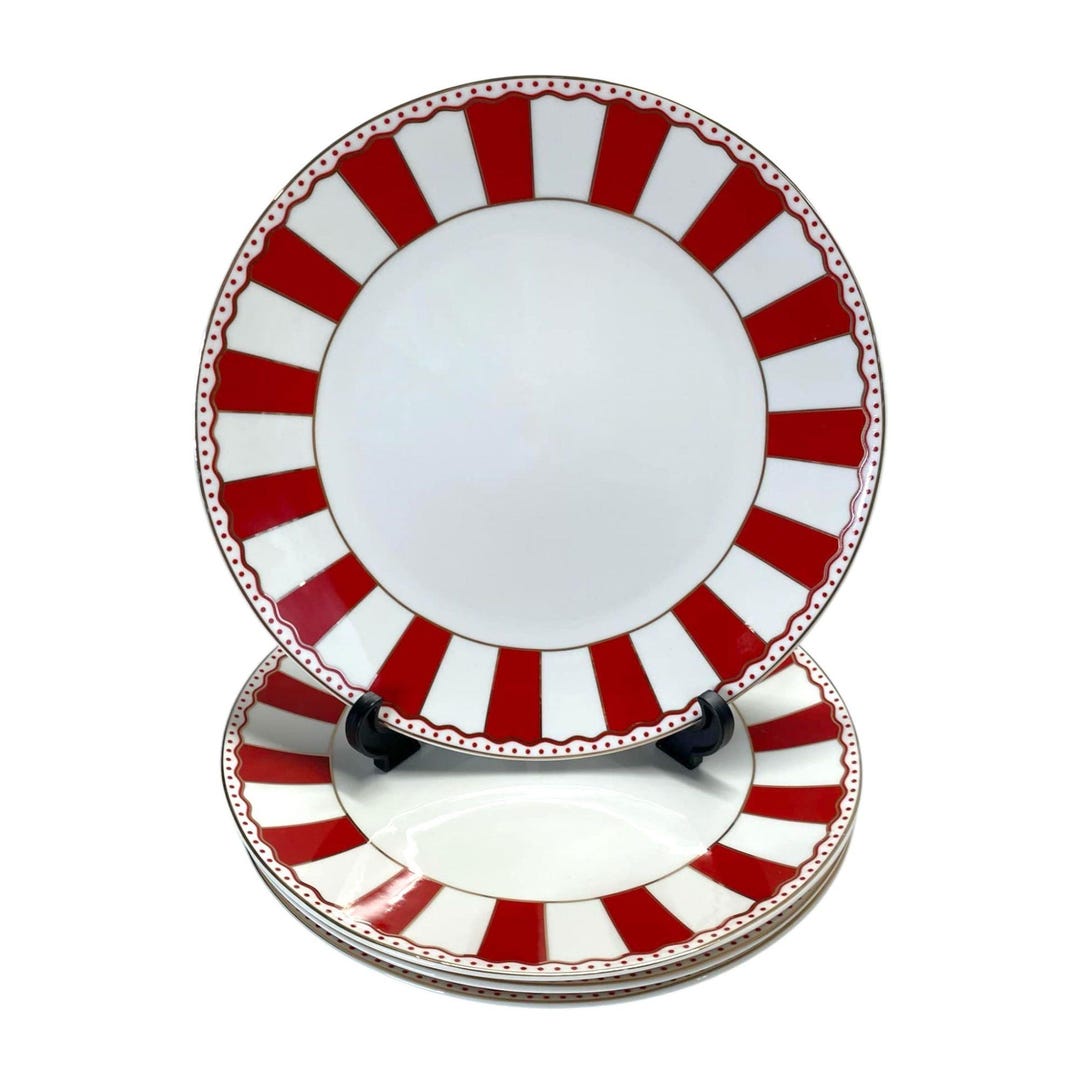 Grace Teaware Peppermint Stripe Holiday Dinner Plates Gold Trim 4pc Red ...