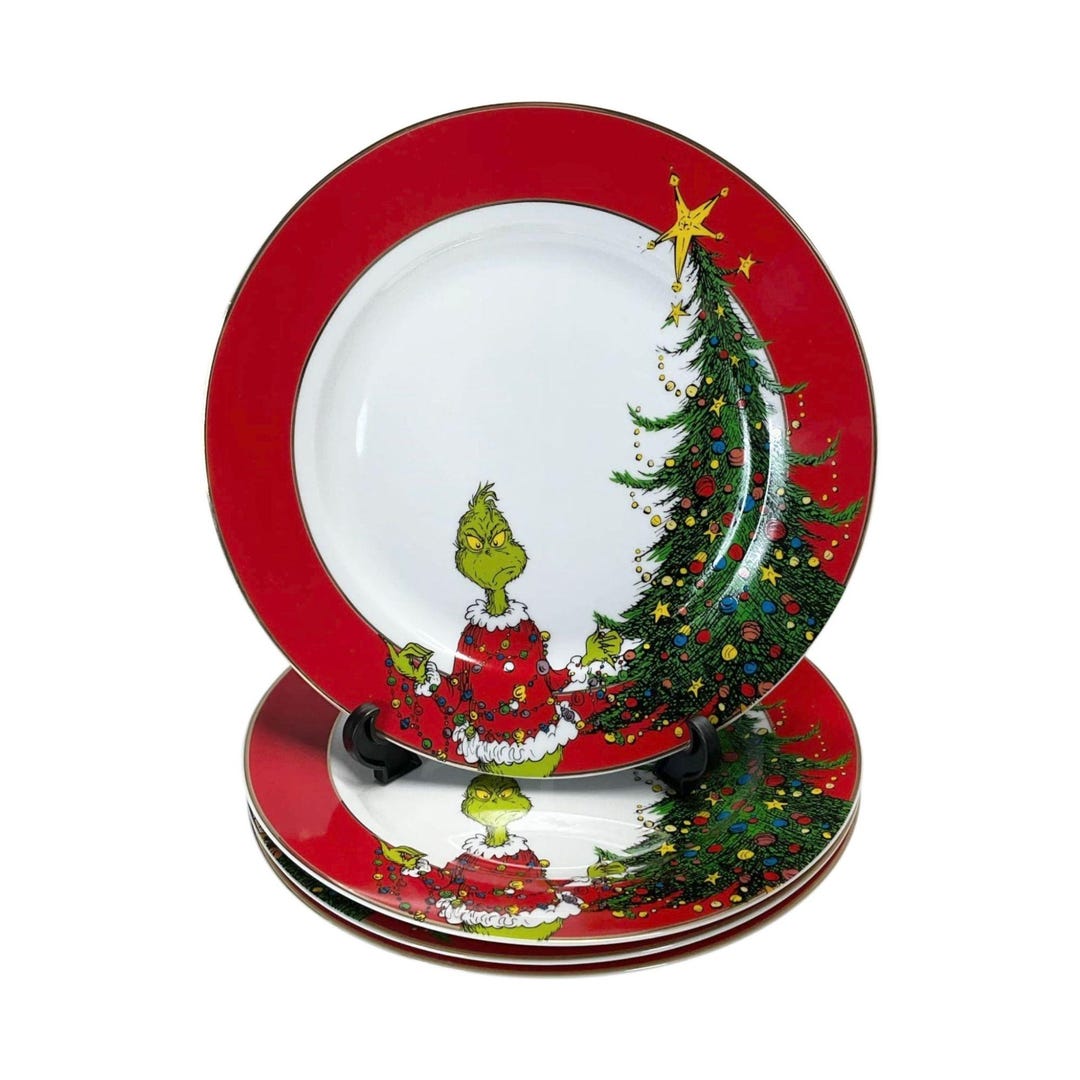 Dr. Seuss the Grinch Santa Christmas Tree Dinner Plates 4pc Set Red ...