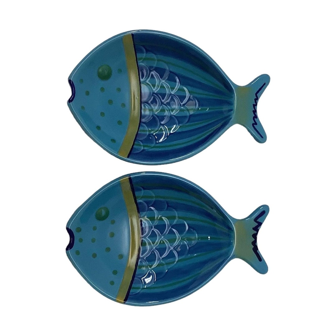 Nantucket Home Hand Painted Ceramic Blue Fish Candy Trinket Jewelry ...