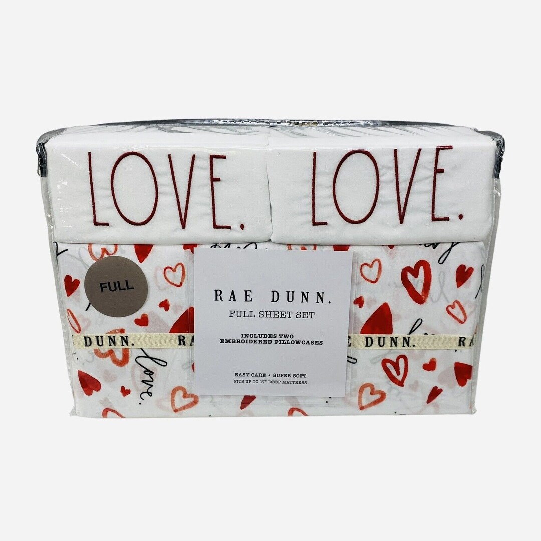 Rae Dunn Full Bed Sheet Set Valentine's Love Theme Red Hearts and Pink ...