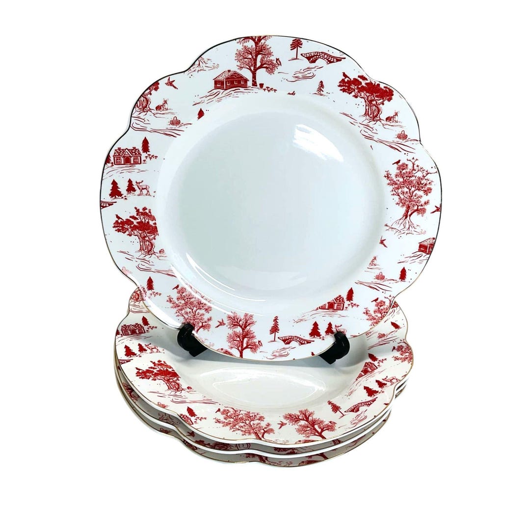 Grace Teaware Scalloped Holiday Winter Village Red Toile Dinner Plates ...