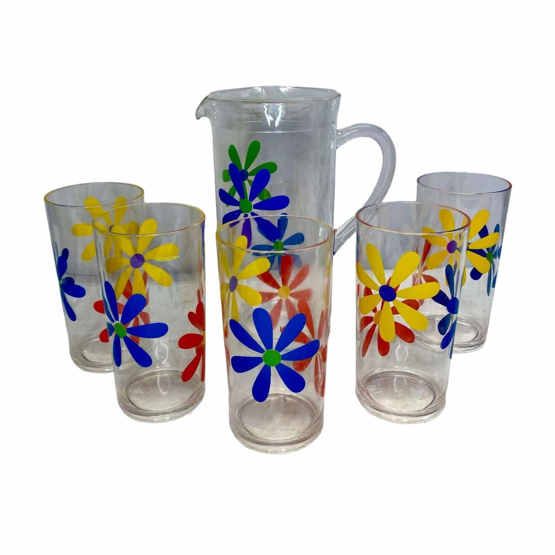 Precision Craft Acrylic Pitcher & Glasses Tumbler Set Flowers Summer ...