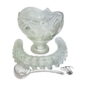 Crystal Glass Aztec Punch Bowl Set With Ladle Hooks and Cups Vintage LE ...