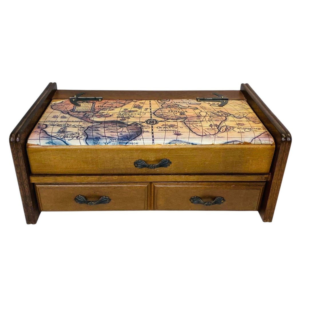 Nautical Ship Sailing Map Wood Jewelry Box Men's Desktop Valet ...