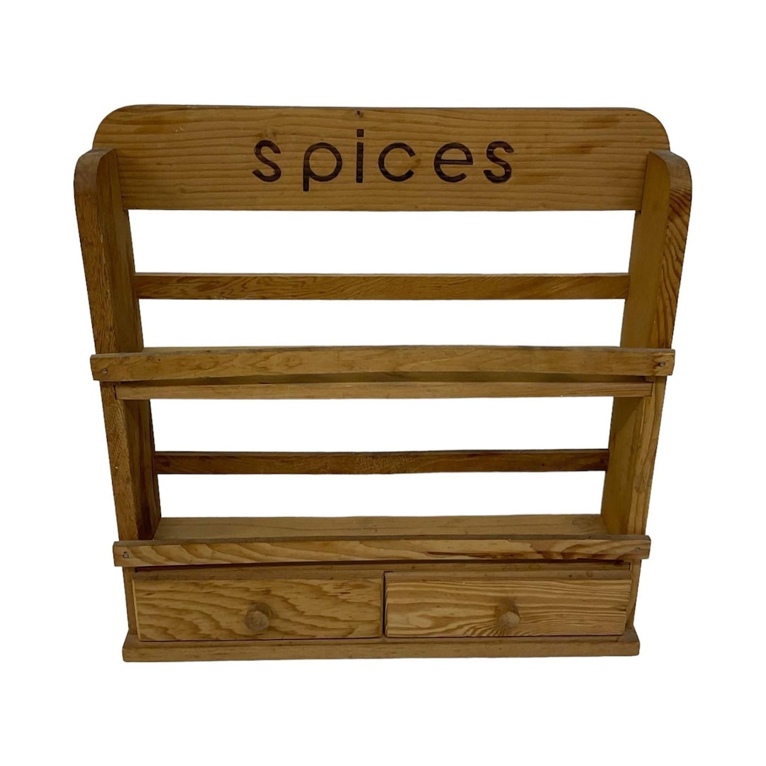 Wooden Wall Hanging 2-tiered Spice Rack With Drawers SPICES Kitchen ...