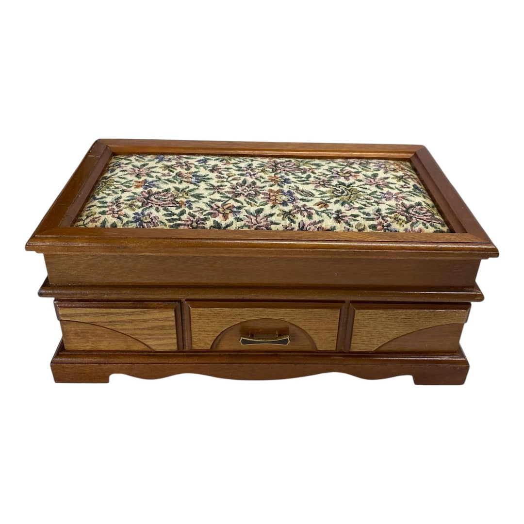 Wooden Floral Tapestry Top Jewelry Music Box With Mirror & Hinge Lids ...