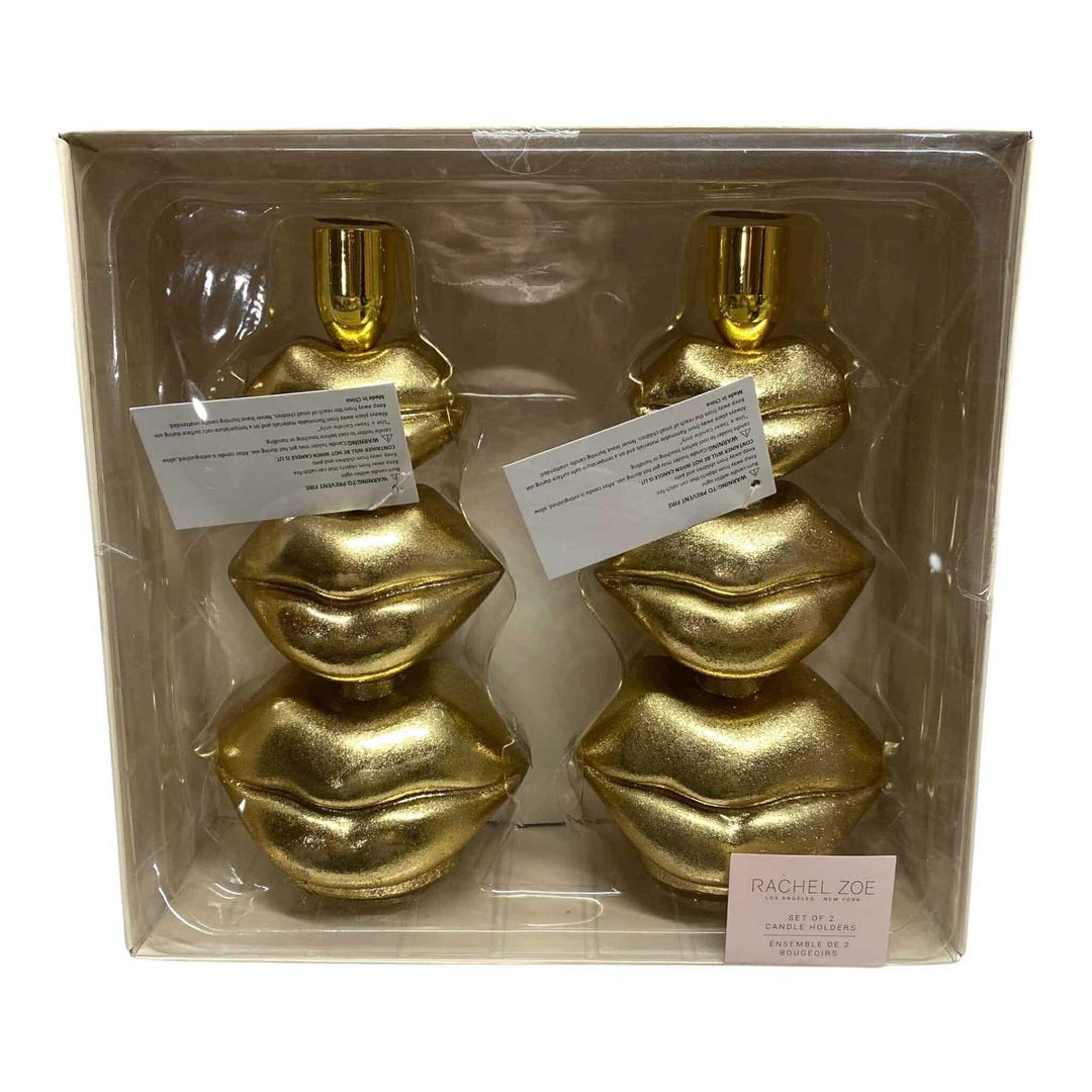 Rachel Zoe Gold Lips Kiss Set of 2 Taper Candlesticks Valentines Candle ...