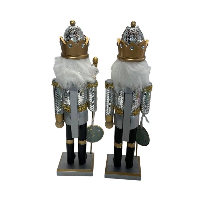Wood Christmas Nutcracker Soldier Set Silver Sequin Uniform Gold Jewel ...