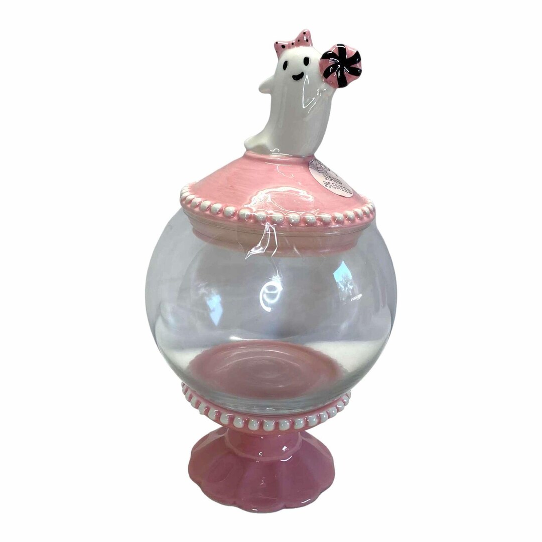 Cobwebs & Cauldrons Pink Halloween Ghost Swirls Glass Ceramic Candy Jar ...