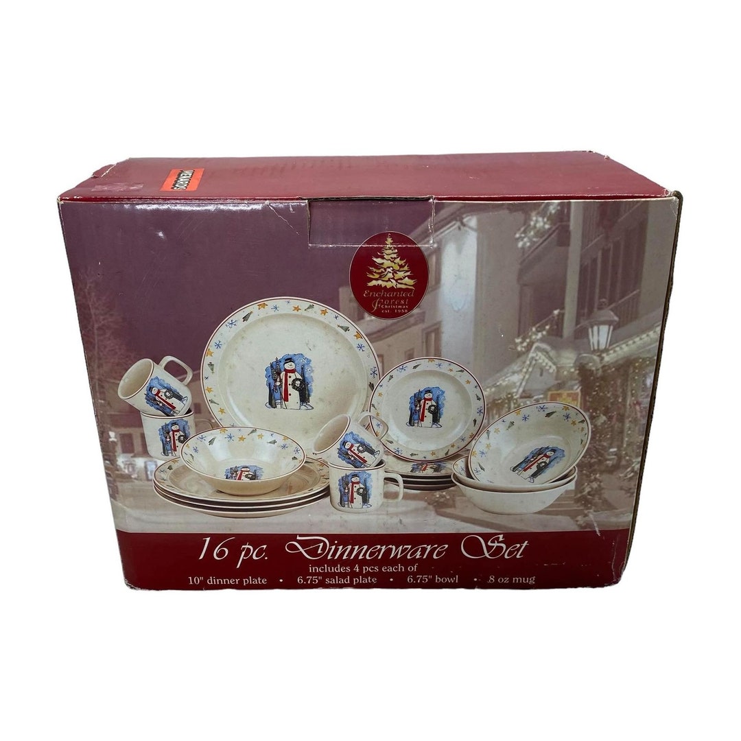 Enchanted Forest Snowman Dinnerware 16pc Set Christmas Winter Plates ...