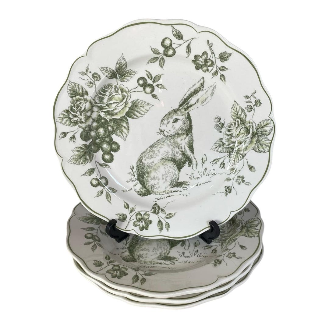 Maxcera Green Toile Scalloped Easter Bunny Rabbit Dinner Plates 4pc Set ...