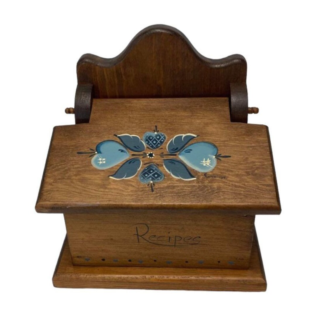 Tole Wooden Recipe Card Box Storage Handpainted Heart Wing Vintage ...