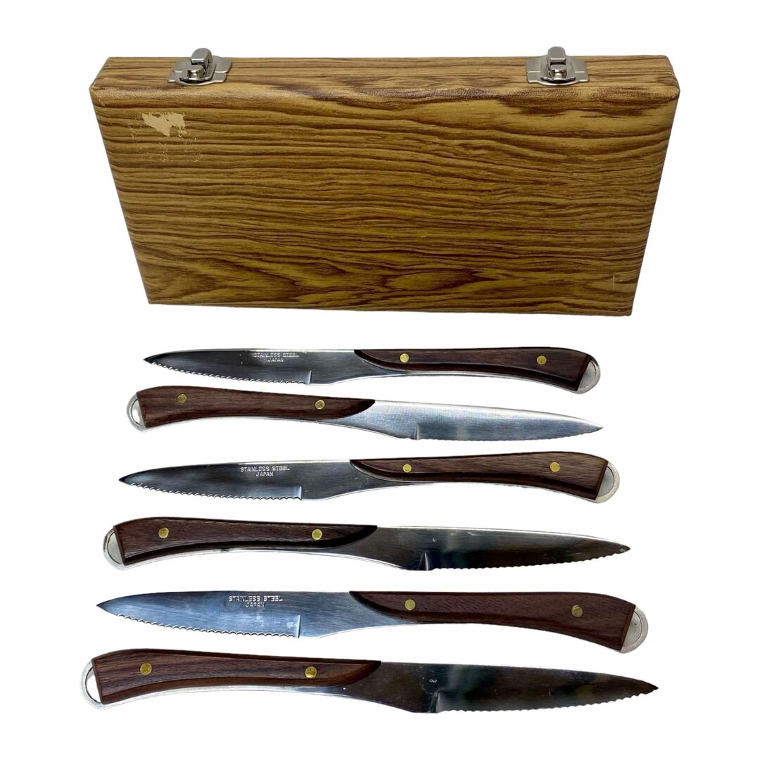 JC Penney Serrated Steak Knife Set Stainless Steel Japan Wood Case Box ...