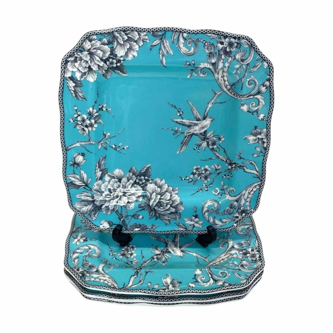 222 Fifth Adelaide Turquoise Blue Square Dinner Plates Toile Spring ...