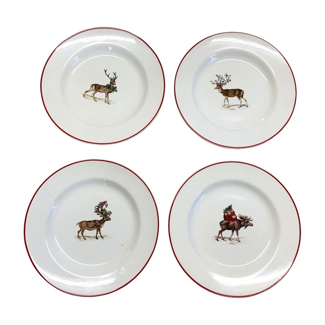 Pottery Barn Silly Stag Deer Salad Plates 4pc Set Stoneware Christmas ...