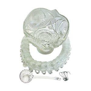 Crystal Glass Aztec Punch Bowl Set With Ladle Hooks and Cups Vintage LE ...