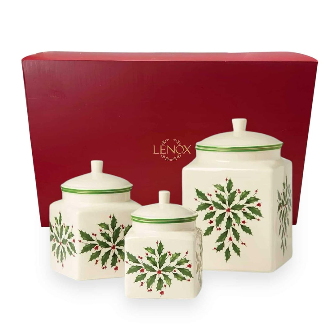 Lenox Holiday Holly Leaves Christmas Canisters Set of 3 With Lids Ivory ...