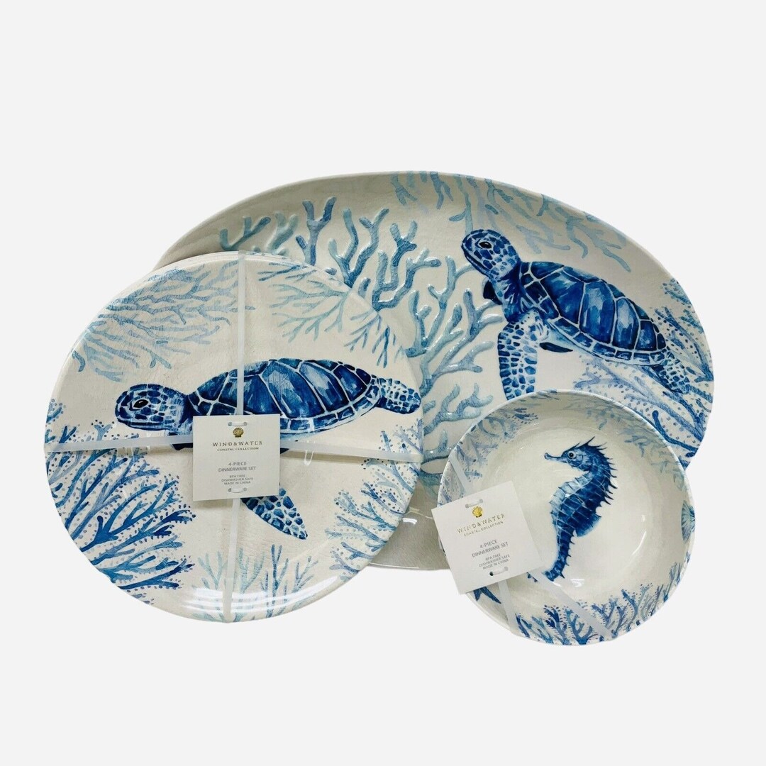 Sealife Wind and Water Sea Turtles Melamine Dinner Plates Salad Bowls ...