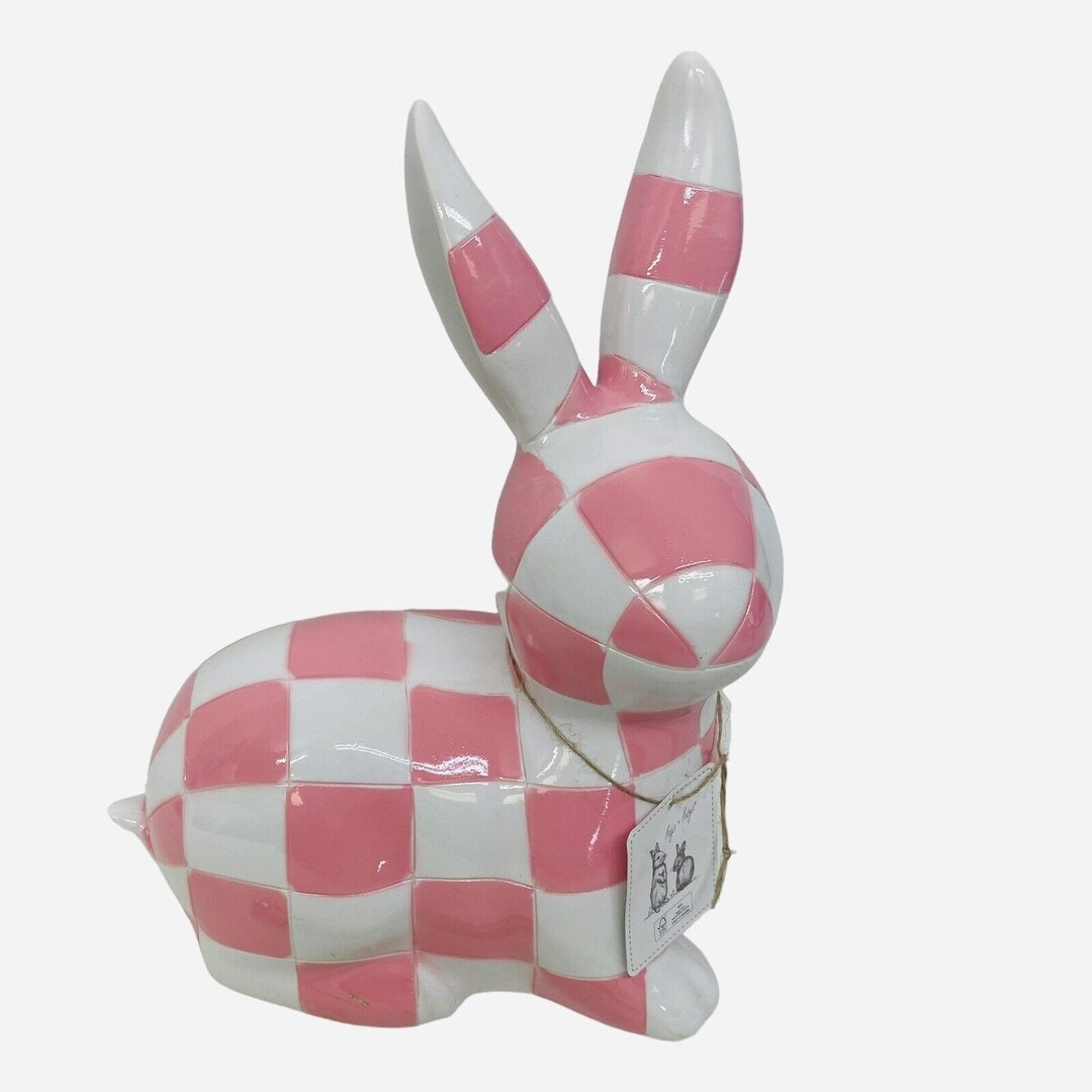Pink White Easter Bunny Checkered Figurine Spring Garden Decor Statue ...