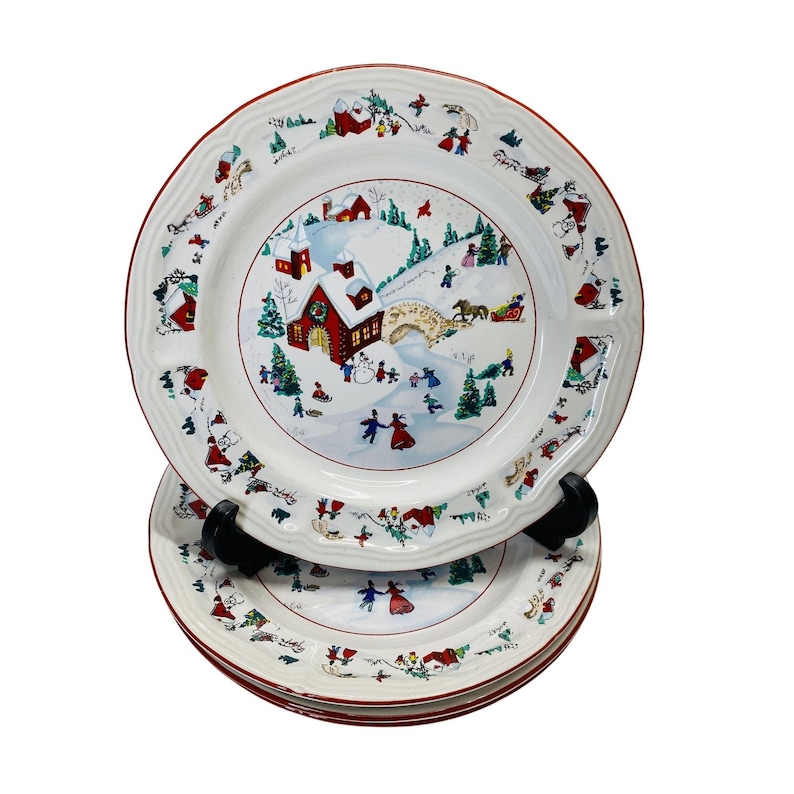 Salad Plates Set of 4, Farberware Holiday Village Porcelain, Christmas ...