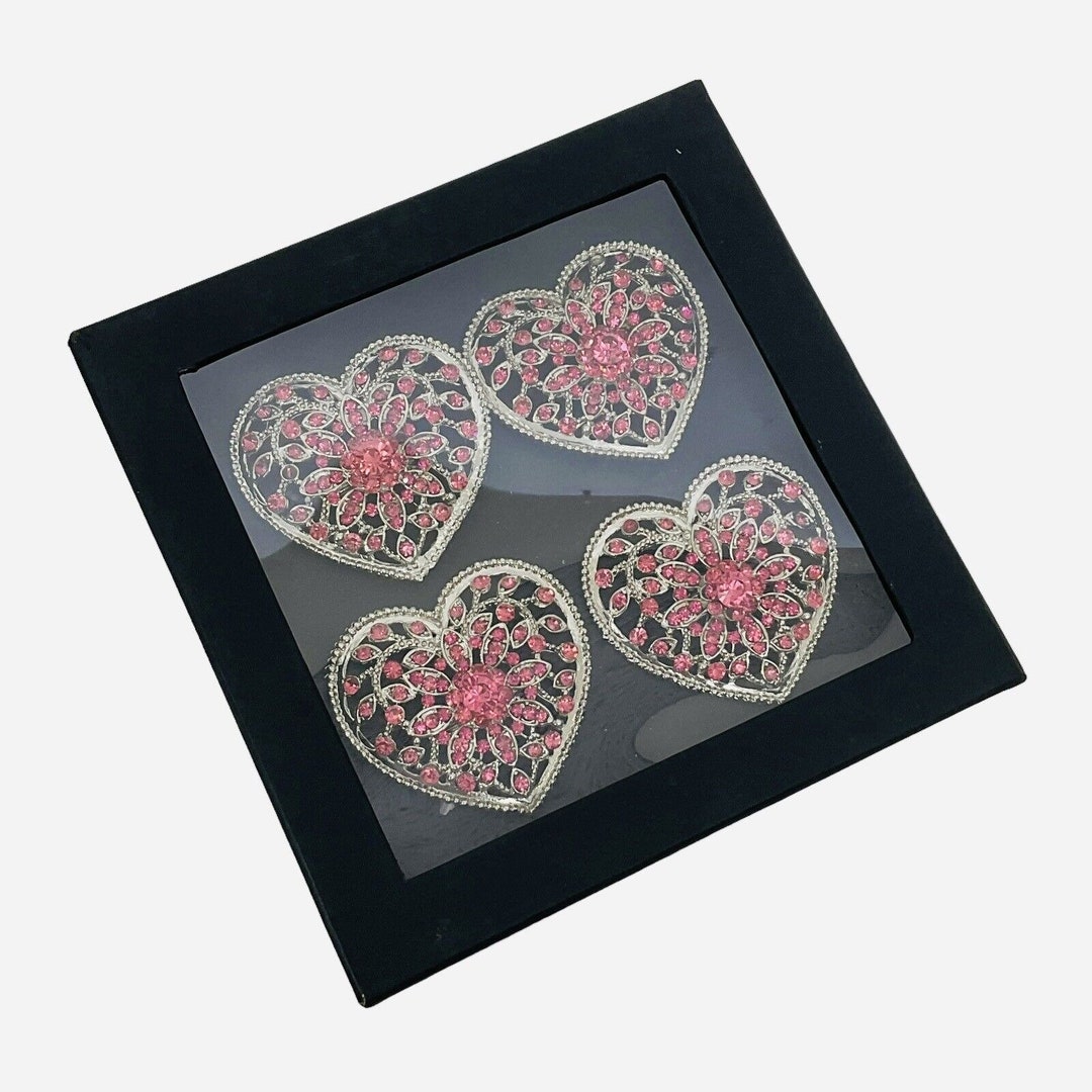 TAHARI Napkin Rings Hearts Pink Crystals Romantic Dinner Valentines ...