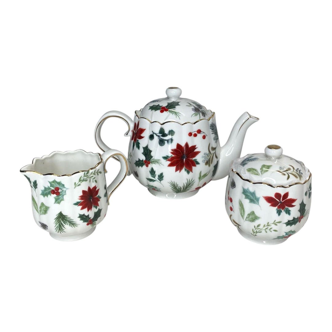 Grace Teaware Poinsettia Holly Christmas Sugar Bowl Creamer Teapot Set ...