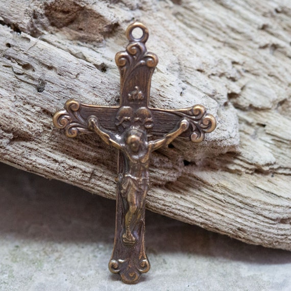 Sacred Heart Scroll Bronze Crucifix - Etsy