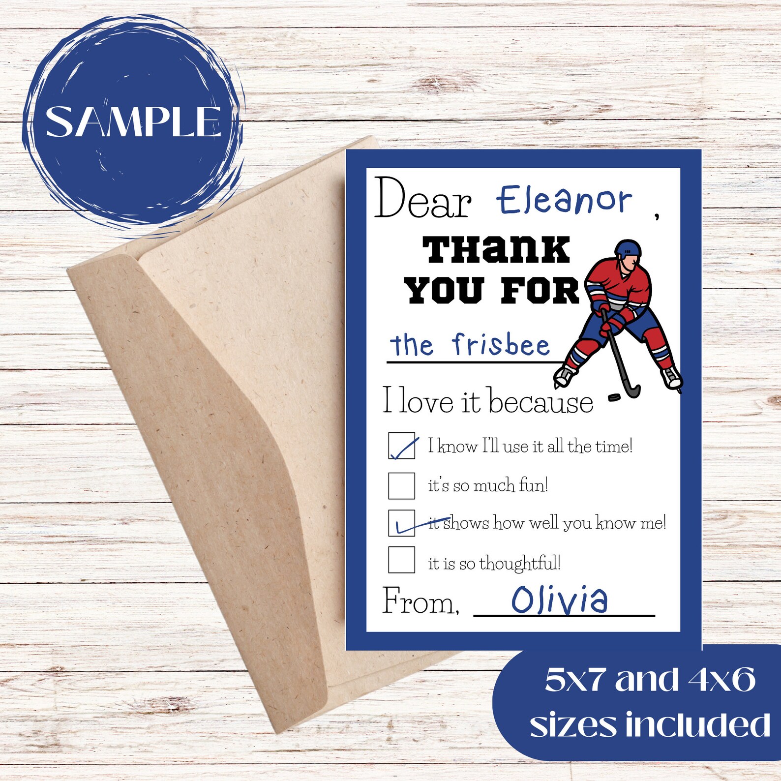 Printable Hockey Kids Thank You Notecard, Fill in the Blank Thank You ...