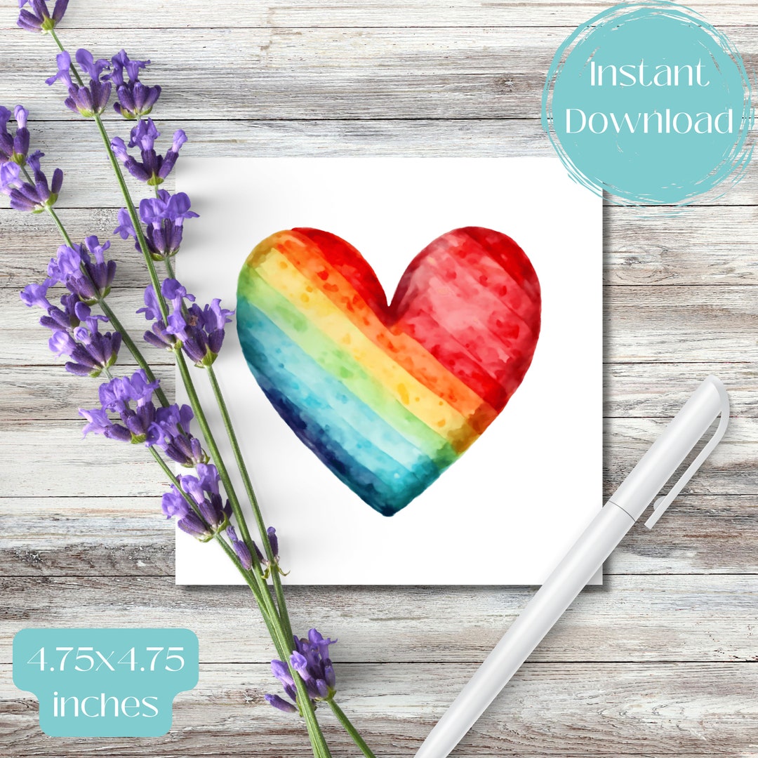 Printable Watercolor Rainbow Heart Greeting Card, Simple Valentines Day ...