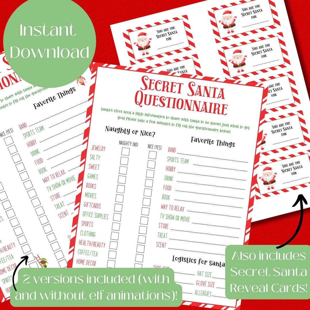 Secret Santa Questionnaire and Survey, Printable Secret Santa List ...