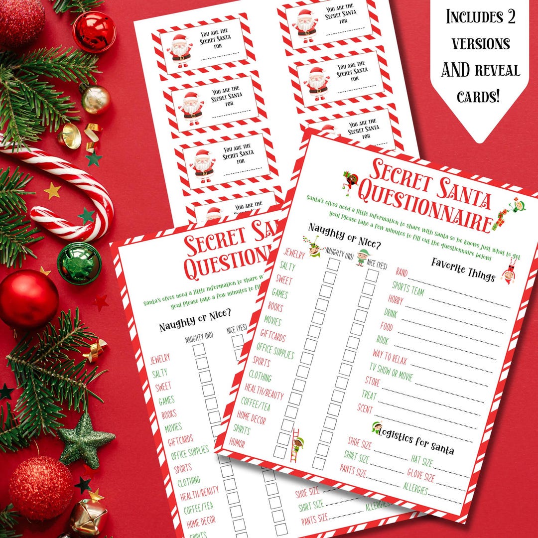 Secret Santa Questionnaire and Survey, Printable Secret Santa List ...