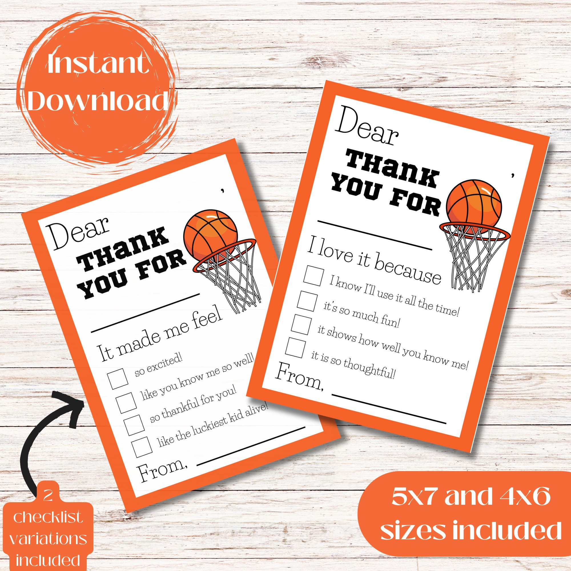Printable Basketball Kids Thank You Notecard, Fill in the Blank Thank ...
