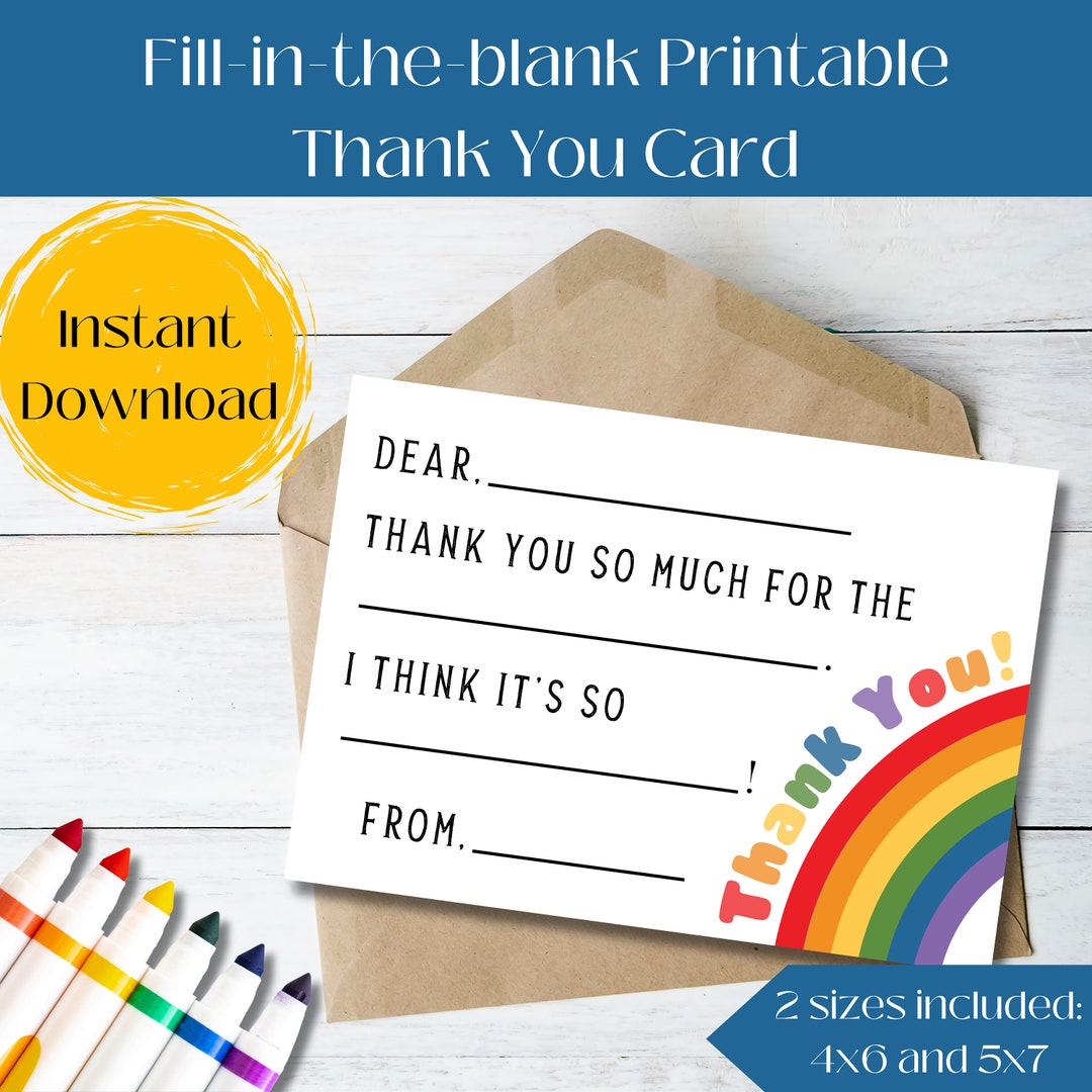 Printable Rainbow Kids Thank You Notecard, Fill in the Blank Thank You ...