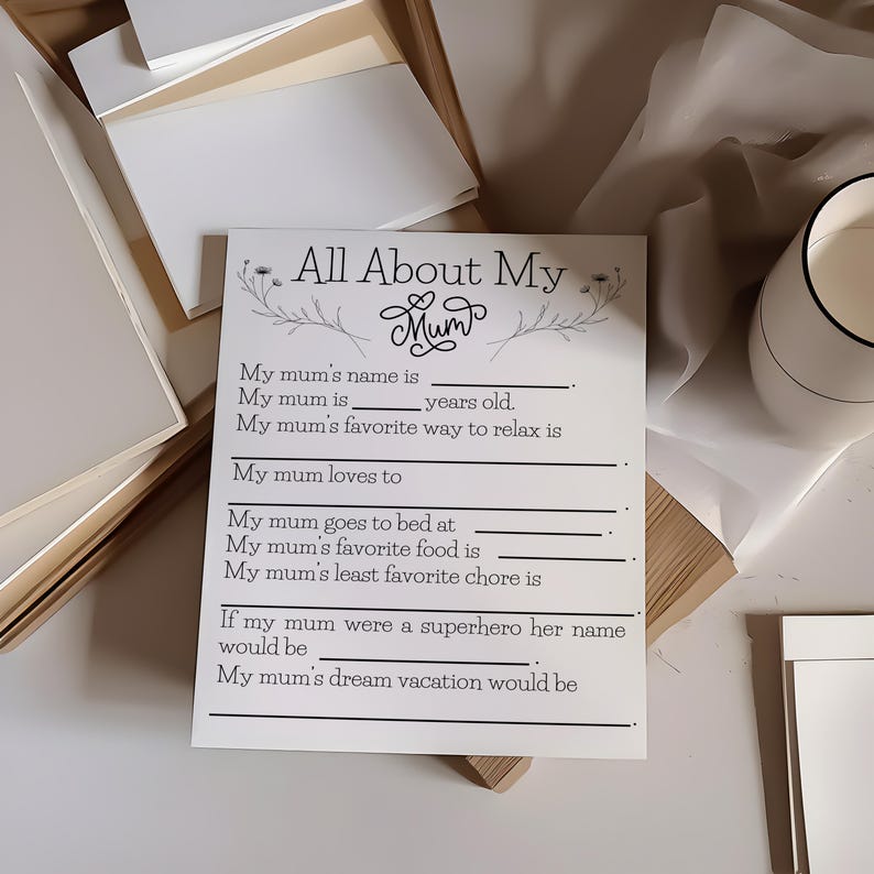 All About My Mum Activity Sheet, Wall Art, Birthday Gift, Mother's Day ...