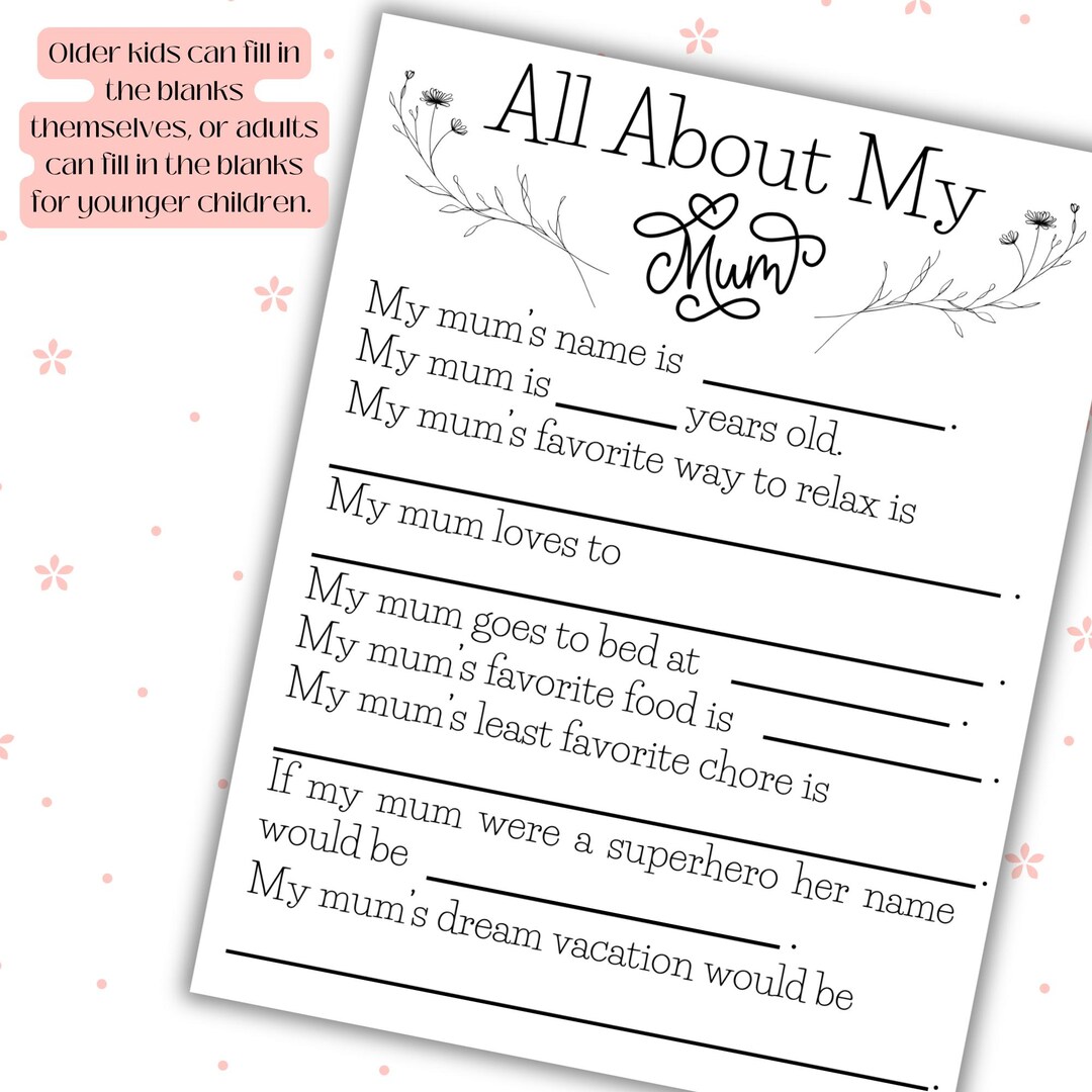 All About My Mum Activity Sheet, Wall Art, Birthday Gift, Mother's Day ...