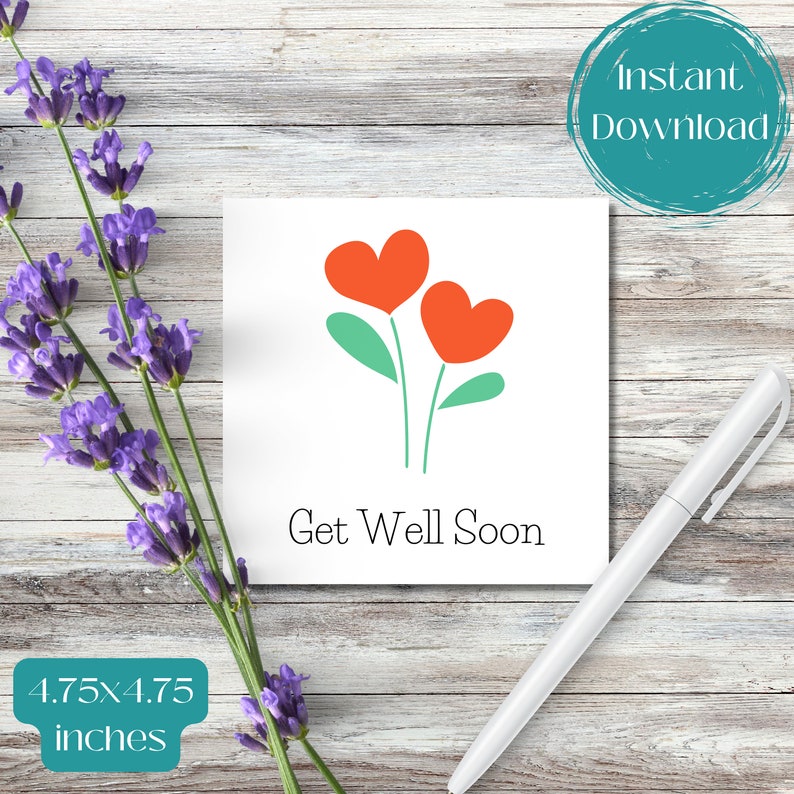 Printable Get Well Soon Greeting Card, Simple Get Well With Hearts Card ...