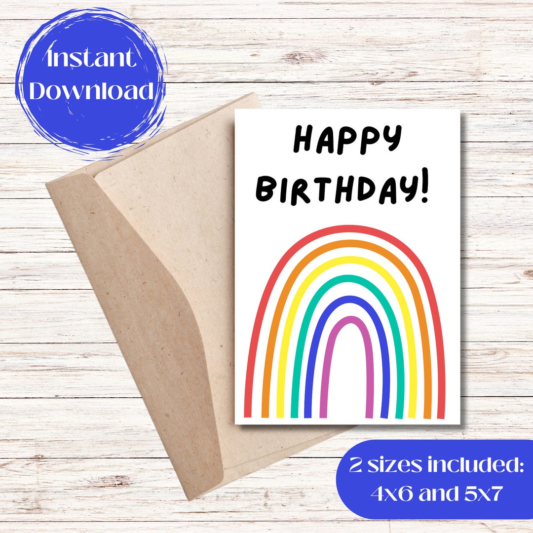 Printable Birthday Greeting Card, Rainbow Theme, Kids Birthday, Gift ...