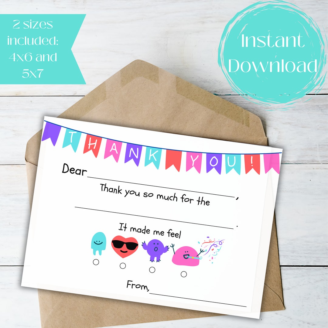 Fill in the Blank Thank You Card for Kids, Printable Thank You Card for ...
