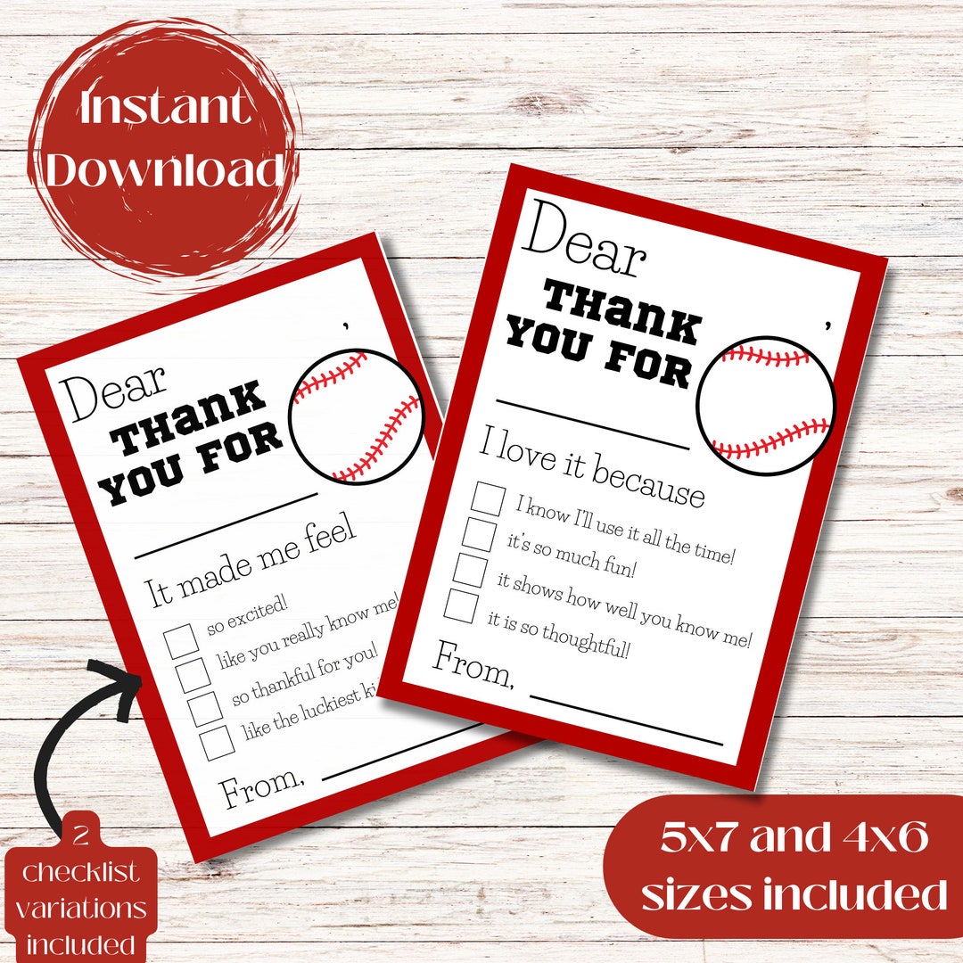 Printable Baseball Kids Thank You Notecard, Fill in the Blank Thank You ...
