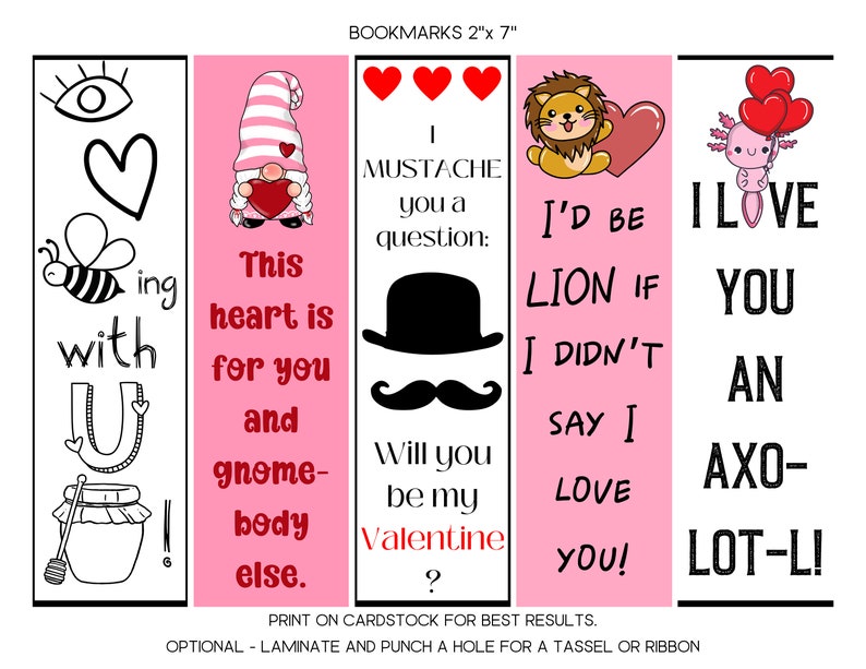Printable Set of Valentine Bookmarks, Valentine Classroom Favors ...