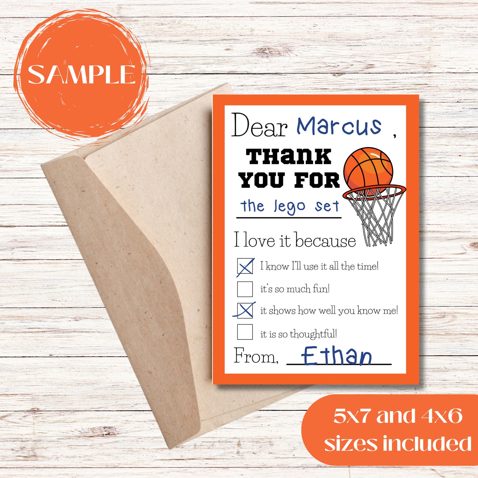 Printable Basketball Kids Thank You Notecard, Fill in the Blank Thank ...