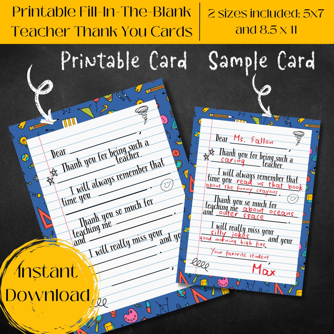 Printable Teacher Thank You Card, End of Year Thank You for Teacher ...