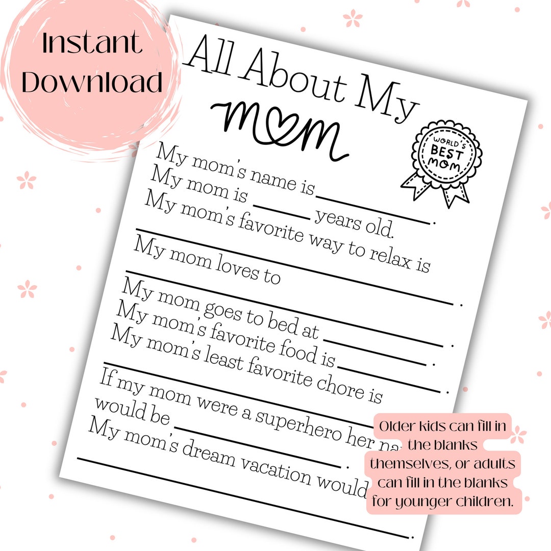 All About My Mom Activity Sheet, Wall Art, Birthday Gift, Mother's Day ...