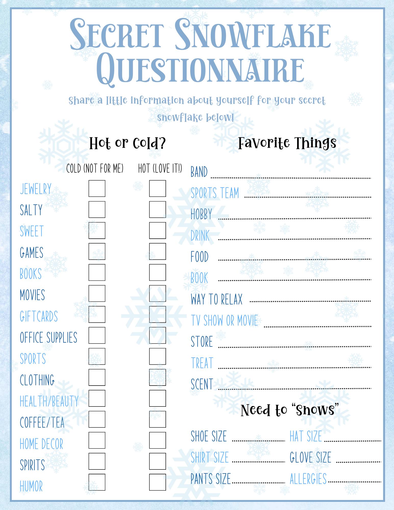 Secret Snowflake Questionnaire, Holiday Gift Exchange Printable Survey ...