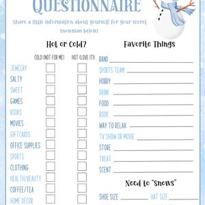 Secret Snowman Questionnaire Printable, Holiday Gift Exchange, Secret ...