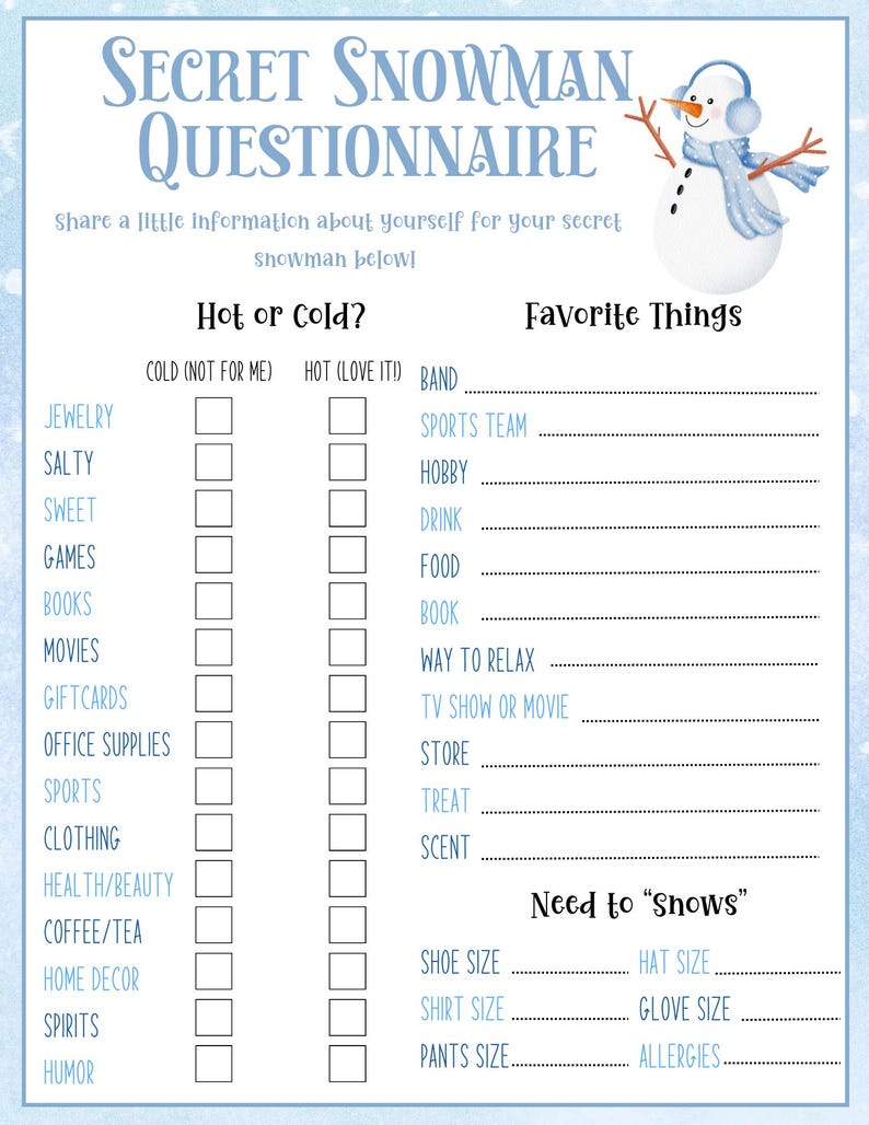Secret Snowman Questionnaire Printable, Holiday Gift Exchange, Secret ...