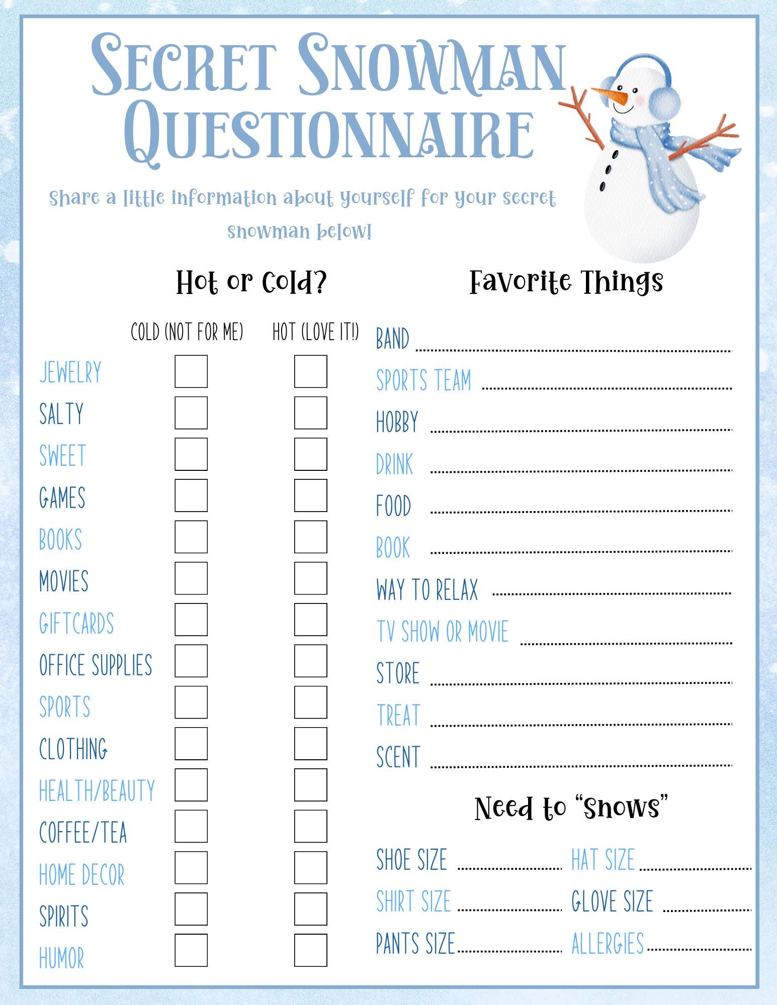 Secret Snowman Questionnaire Printable, Holiday Gift Exchange, Secret ...