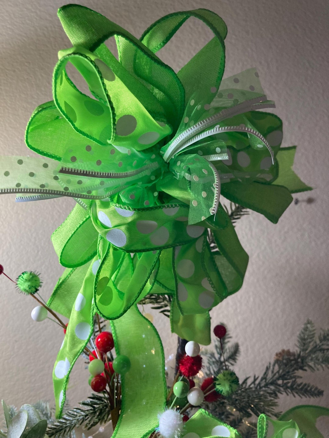 Tree Topper, Grinch Green, OOAK, Bows, Tree Filler, Whoville, Grinch ...
