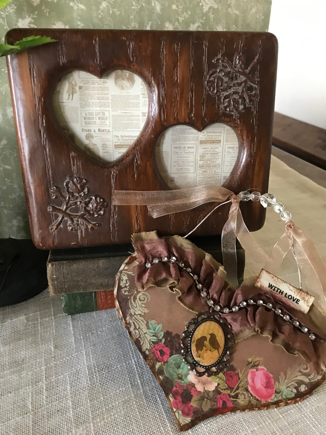 Vintage Double, Heart, Frame, Wood Grain, Look, Approx, 50 Yrs Old ...