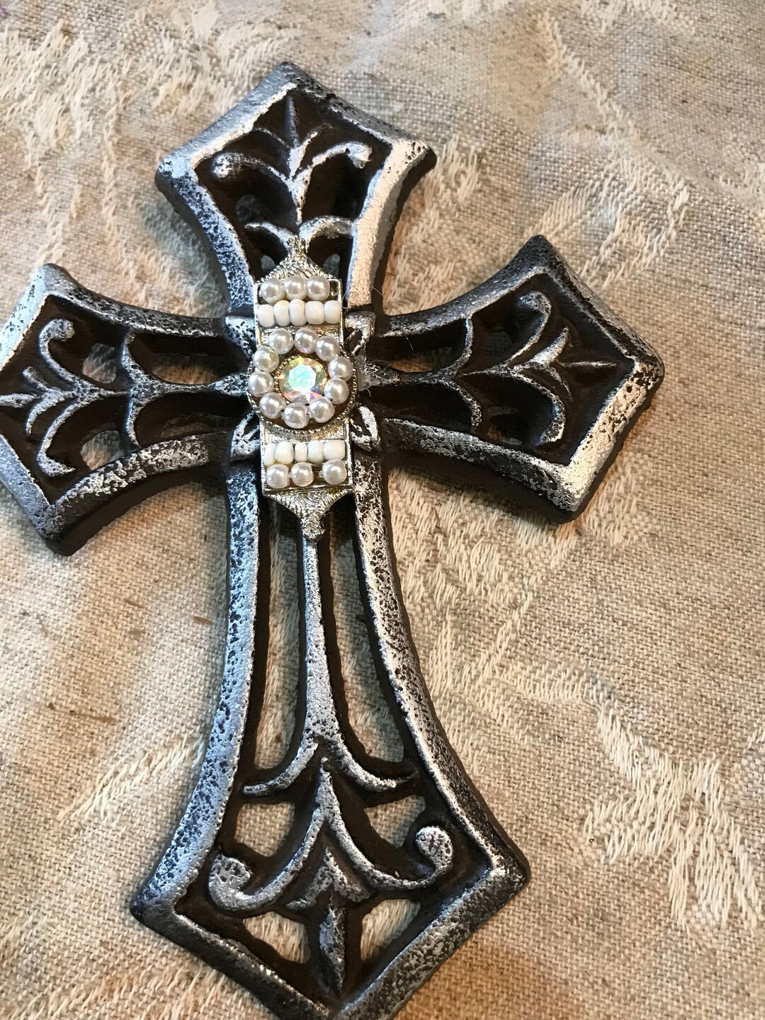Cross, Cast Iron, Silver Accent, Pearl Center, Pretty, OOAK, 4878 - Etsy